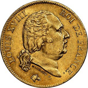 French Gold 40 Francs "Louis XVIII" 1816-1819 KM# 713.6 | coinscatalog.NET