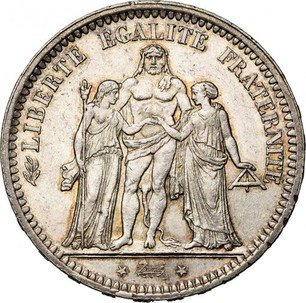French Silver 5 Francs "Hercules" 1870-1889 KM# 820.1 | coinscatalog.NET