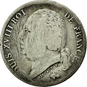 French Silver Franc "Louis XVIII" 1816-1824 KM# 709.10 | coinscatalog.NET