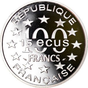 100 francos de plata franceses-15 ECUS "Arco de Triunfo" 1993 KM# 1031 ...