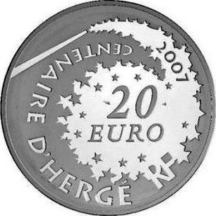 French Silver 20 Euro "Tintin and Snowy" 2007 KM# 1509 | coinscatalog.NET