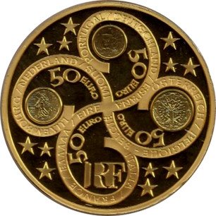 French 1 Oz Gold 50 Euro "First Anniversary of the Euro" 2003 KM# 1993 ...