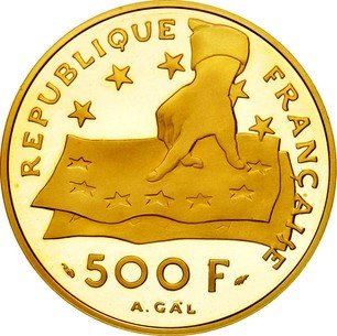 French 1/2 Oz Gold 500 Francs-70 ECUS "Descartes" 1991 KM# 1003 ...