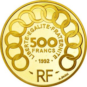 French 1/2 Oz Gold 500 Francs-70 ECUS "Jean Monet" 1992 KM# 1013 ...