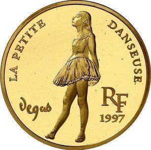 French 1 Oz Gold 500 Francs-75 Euro "Degas. The Little Dancer" 1997 KM ...