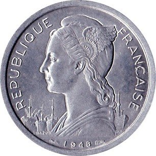 French Aluminum 2 Francs Reunion 1948-1973 KM# 8 | coinscatalog.NET