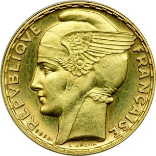 100 francos de oro francés "Essai Piedfort by Bazor" 1929 KM# Pn300 ...
