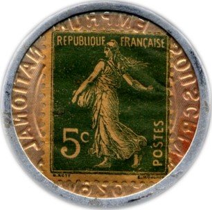 French Aluminum 5 Centimes "Type 2a. Green Stamp with Pink Marked Text ...