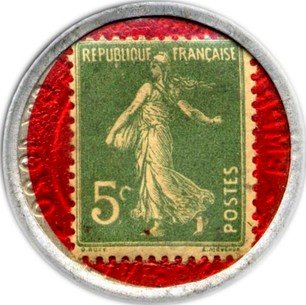French Aluminum 5 Centimes "Type 2a. Green Stamp with Red Marked Text ...