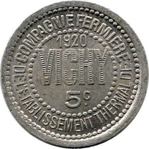 French Aluminum 5 Centimes "Vichy. Allier Department" 1920-1923 ...