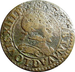 French Copper Double Tournois "Louis III. Lyon Mint. 3rd Type" 1613 ...