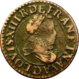 French Copper Double Tournois "Louis XIII. Lyon Mint. 2nd Type" 1613 ...