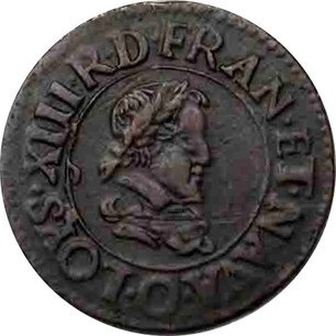 French Copper Double Tournois "Louis XIII Riom Mint. 1st Type" 1624 ...