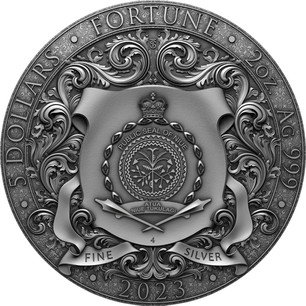 Niuean 2 Oz Silver 5 Dollars "Charles III Fortune" 2023 | coinscatalog.NET