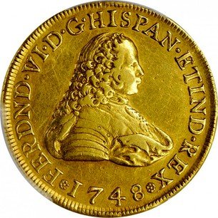 Mexican Gold 8 Escudos "Ferdinand VI" 1748-1751 KM# 150 | coinscatalog.NET