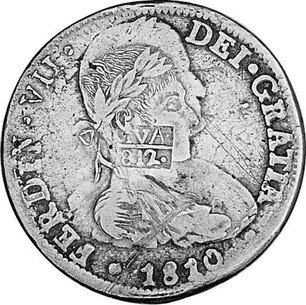 8 Reales de Plata Mexicanos "Moneda Contramarcada. MVA" 1812 KM# 202.1 ...