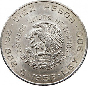 Mexican Silver 10 Pesos "Miguel Hidalgo y Costilla" 1955-1956 KM# 474 ...