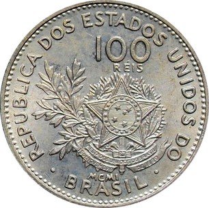 Brazilian Copper-Nickel 100 Reis "Liberty. Republic" 1901 KM# 503 ...
