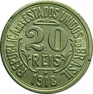Brazilian Copper-Nickel 20 Reis "Liberty. Republic" 1918-1935 KM# 516.2 ...
