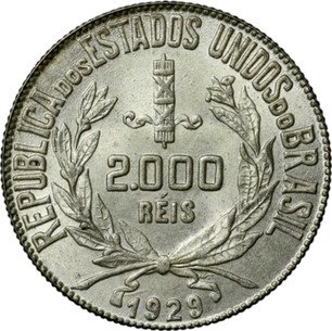 Brazilian Silver 2000 Reis "Liberty. Republic" 1924-1934 KM# 526 ...