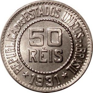 Brazilian Copper-Nickel 50 Reis "Liberty. Republic" 1918-1935 KM# 517 ...