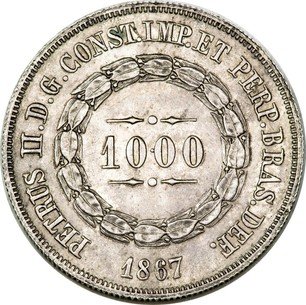 Brazilian Silver 1000 Reis "Pedro II Trial Strike" 1867 KM# Pn131 ...