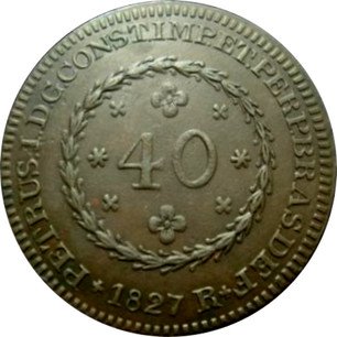 Cobre Brasileño 40 Reis "Pedro I Patrón Huelga" 1827 KM# Pn27 ...