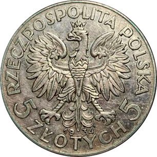 Polish Silver 5 Zlotych "Polonia" 1932-1934 Y# 21 | coinscatalog.NET
