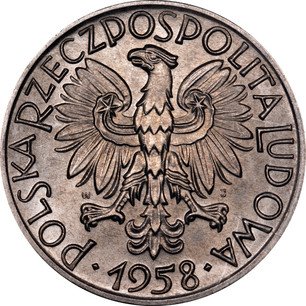 Polish Aluminum 5 Zlotych "Fisherman" 1958-1974 Y# 47 | coinscatalog.NET