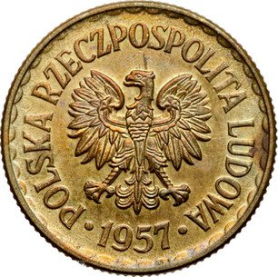 Polish Brass 1 Zloty "Circulation Coin Trial Strike" 1957 KM# Pr26 | coinscatalog.NET