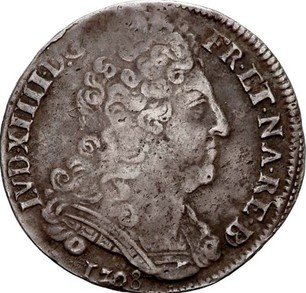 French Silver 20 Sols "Louis XIV insignia" 1707-1708 | coinscatalog.NET