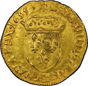 French Gold 1 Ecu "Louis XIII 5th Type. With Sun" 1635 | coinscatalog.NET