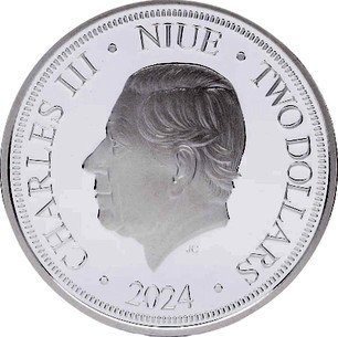 Niuean 1 Oz Silver Two Dollars "Charles III. Aurora" 2024 | coinscatalog.NET