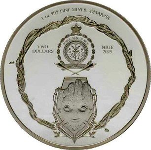 Niuean 1 Oz Silver Two Dollars "Marvel. Groot" 2025 | coinscatalog.NET