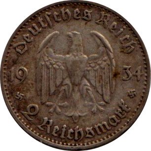 Silver 2 alemán 2 Reichsmark Third Reich / Standard Coinage 1934 Km# 81 ...