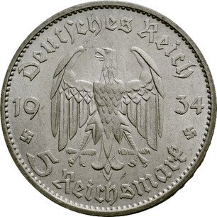 German Silver 5 Reichsmark Third Reich / Standard Coinage 1934-1935 KM ...