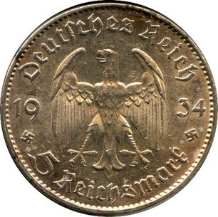 German Silver 5 Reichsmark Third Reich / Standard Coinage 1934 KM# 82 ...