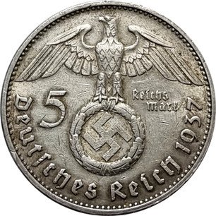 German Silver 5 Reichsmark Third Reich / Standard Coinage 1936-1939 KM ...