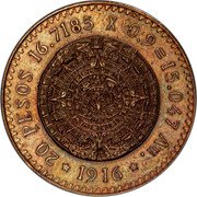 Mexican 20 Pesos "Aztec Calendar Pattern" 1916 KM# Pn189 | coinscatalog.NET
